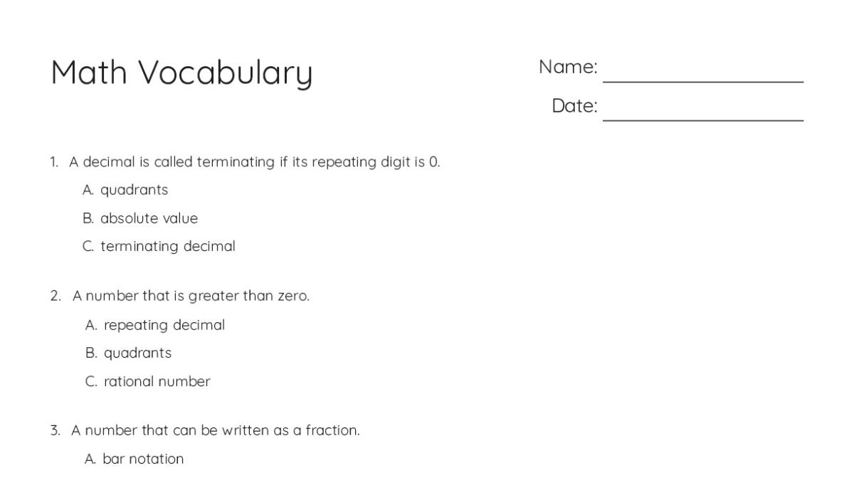 Math Vocabulary - My Worksheet Maker: Create Your Own Worksheets