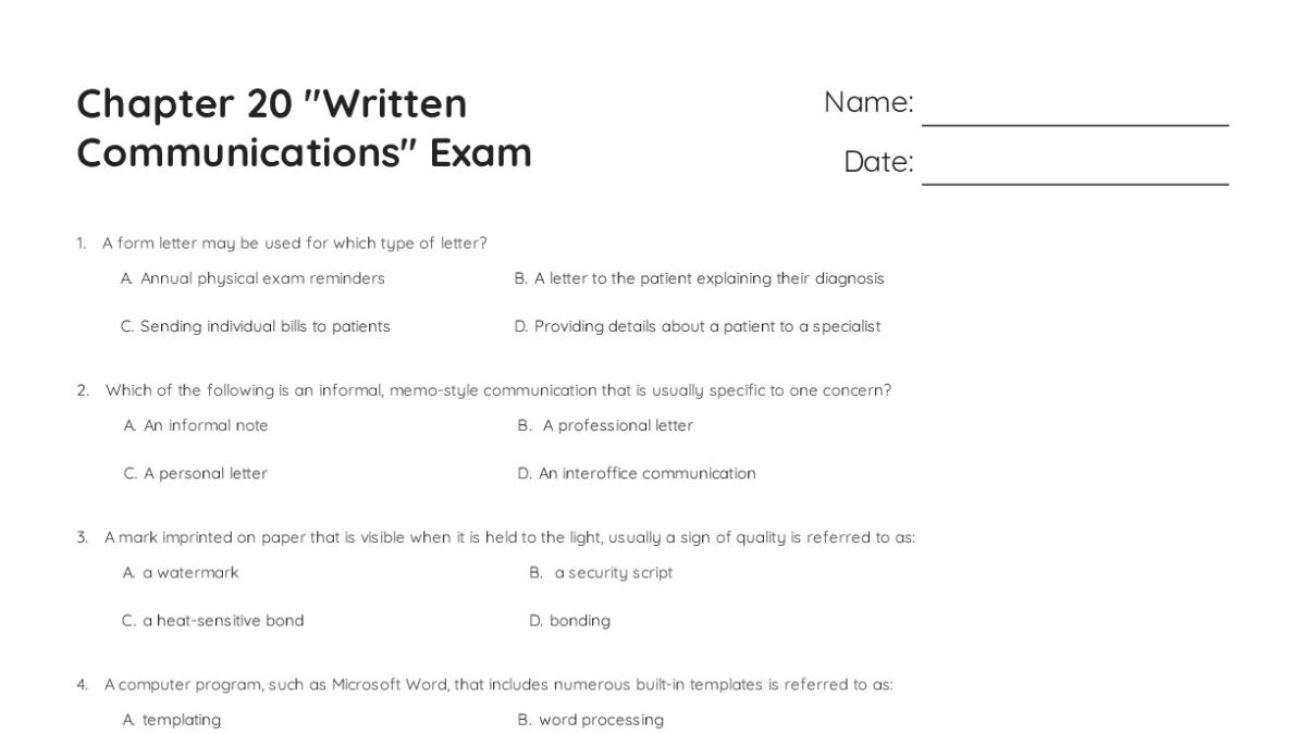 Chapter 20 "Written Communications" Exam - My Worksheet Maker: Create ...