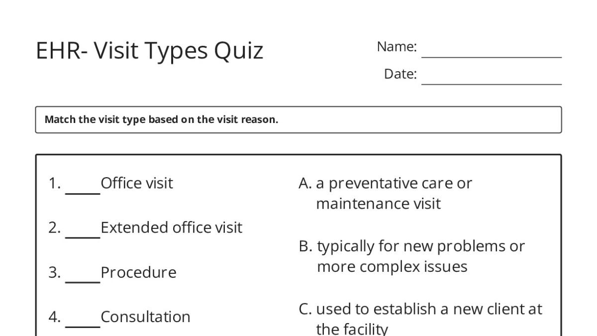 EHR- Visit Types Quiz - My Worksheet Maker: Create Your Own Worksheets