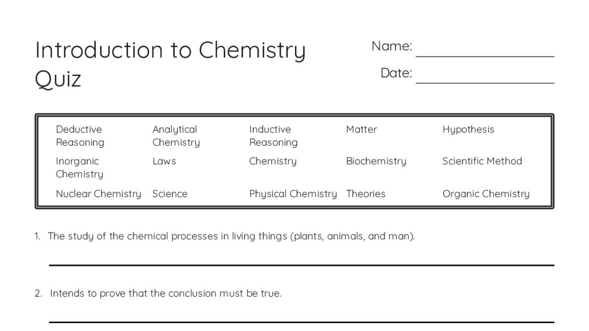 Introduction to Chemistry Quiz - My Worksheet Maker: Create Your Own ...