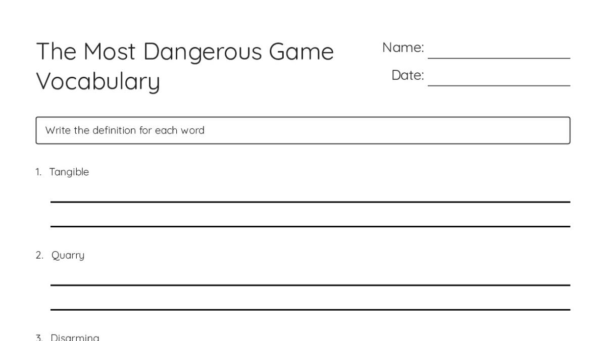 The Most Dangerous Game Vocabulary - My Worksheet Maker: Create Your ...