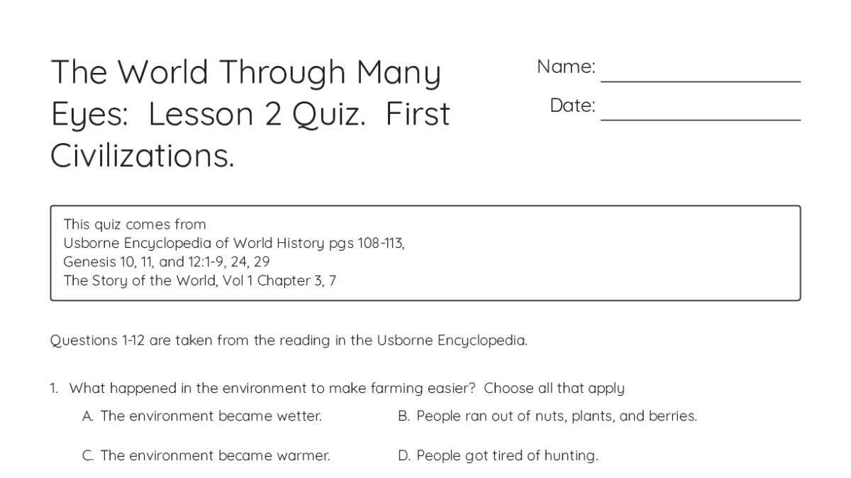 The World Through Many Eyes: Lesson 2 Quiz. First Civilizations. - My ...