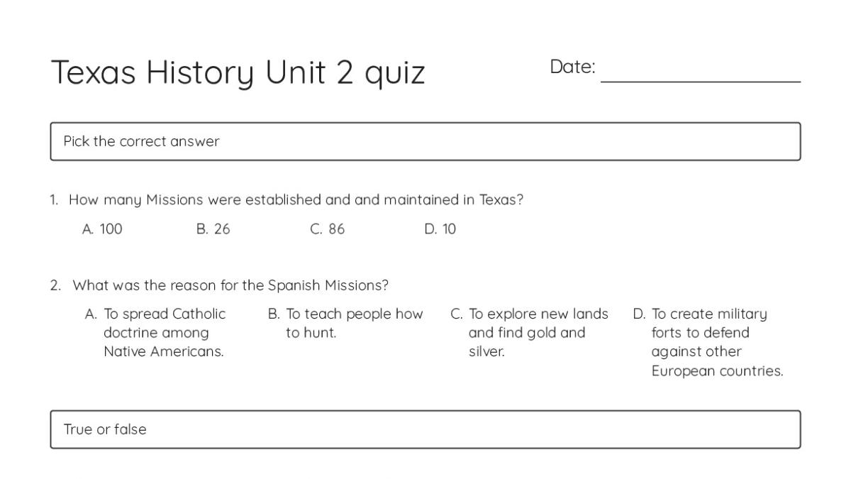 Texas History Unit 2 quiz - My Worksheet Maker: Create Your Own Worksheets