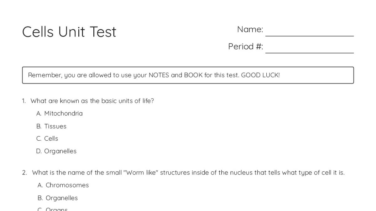 Cells Unit Test - My Worksheet Maker: Create Your Own Worksheets