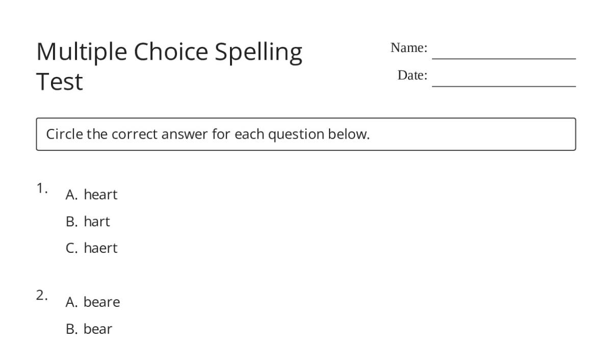 Multiple Choice Spelling Test - My Worksheet Maker: Create Your Own ...