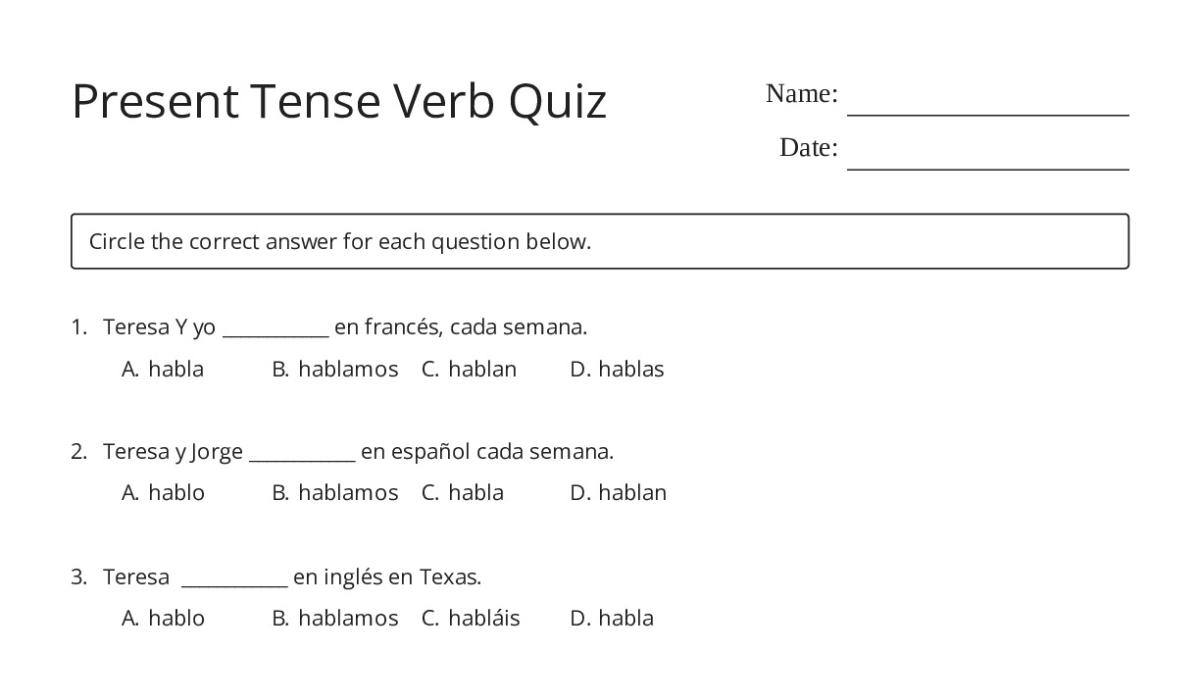 Present Tense Verb Quiz - My Worksheet Maker: Create Your Own Worksheets
