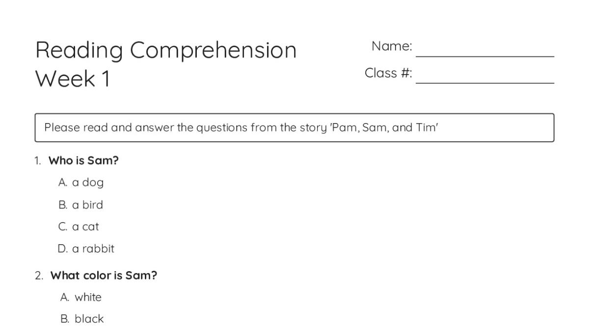 Reading Comprehension Week 1 - My Worksheet Maker: Create Your Own ...
