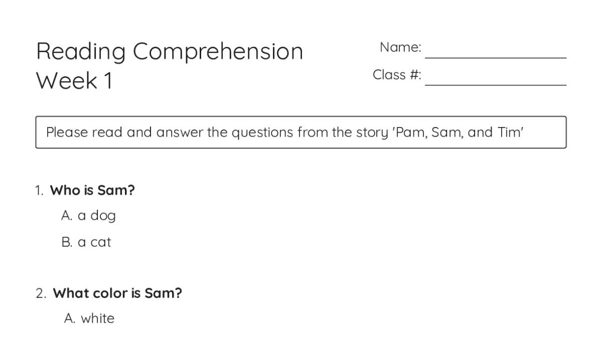 Reading Comprehension Week 1 - My Worksheet Maker: Create Your Own ...