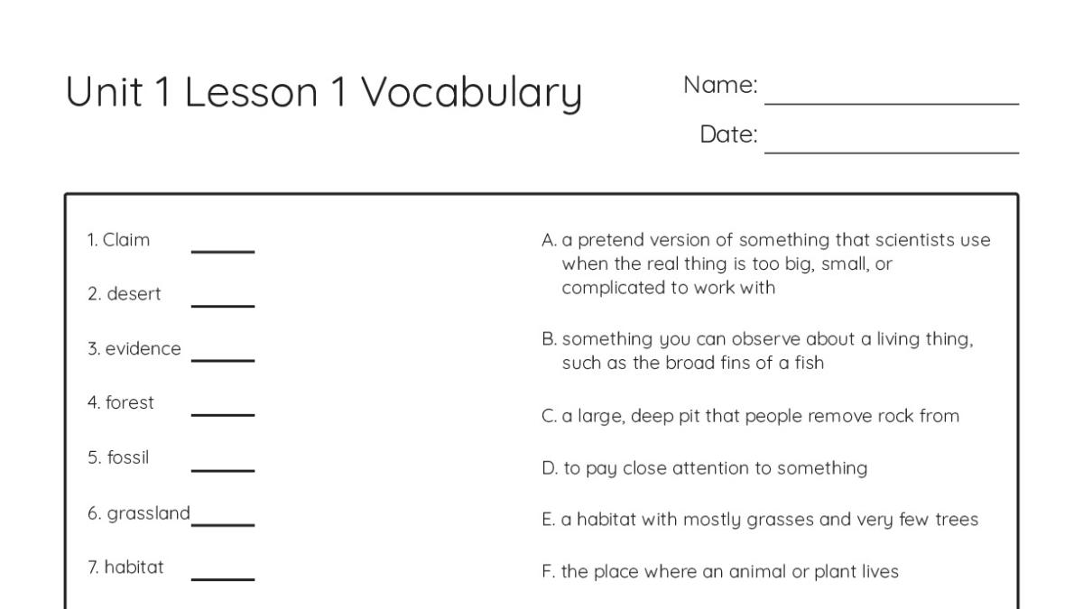 Unit 1 Lesson 1 Vocabulary - My Worksheet Maker: Create Your Own Worksheets
