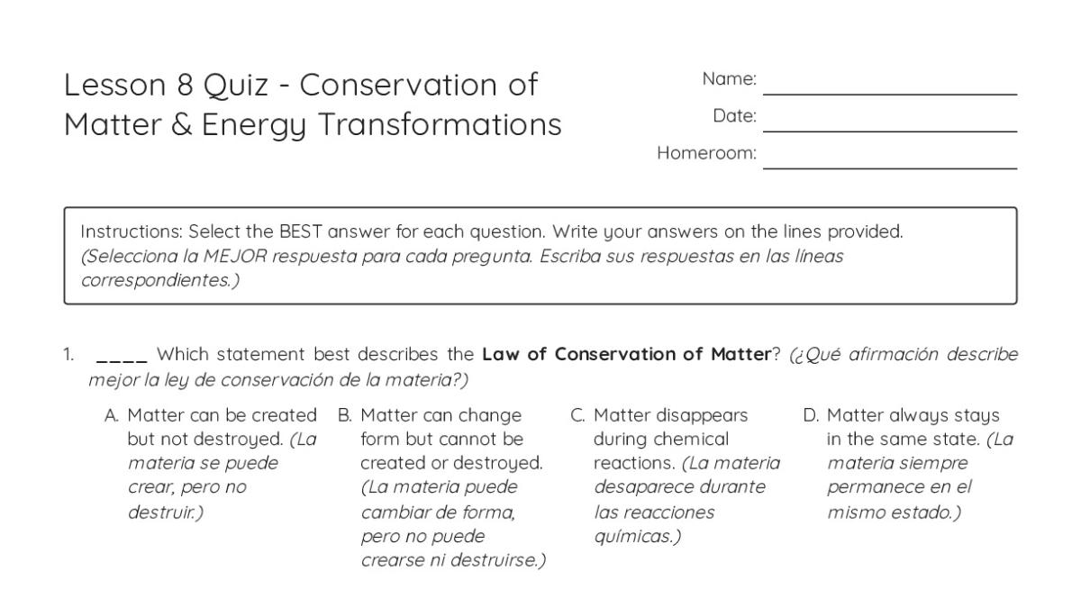Lesson 8 Quiz - Conservation of Matter & Energy Transformations - My ...