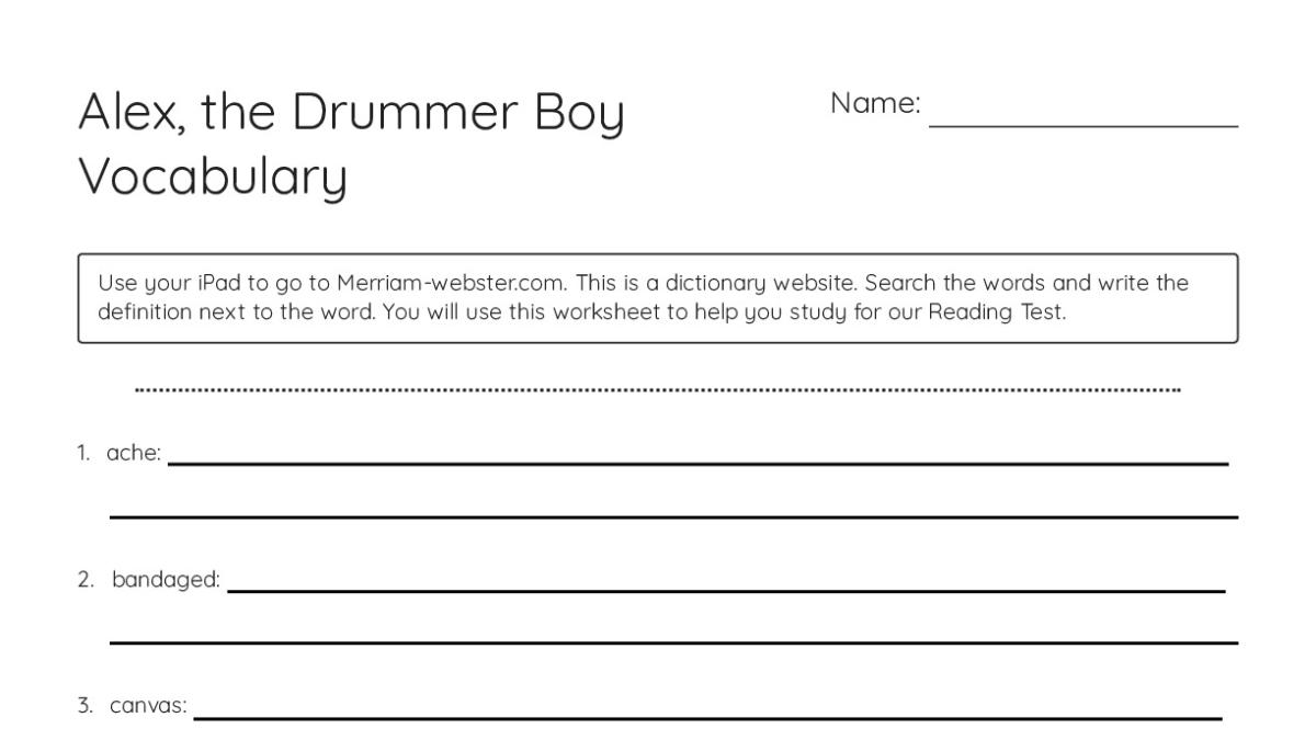 Alex, the Drummer Boy Vocabulary - My Worksheet Maker: Create Your Own ...