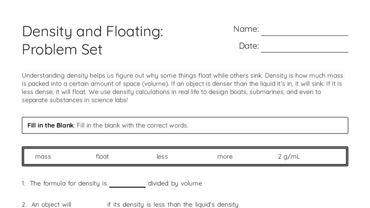 Density and Floating: Problem Set - My Worksheet Maker: Create Your Own ...