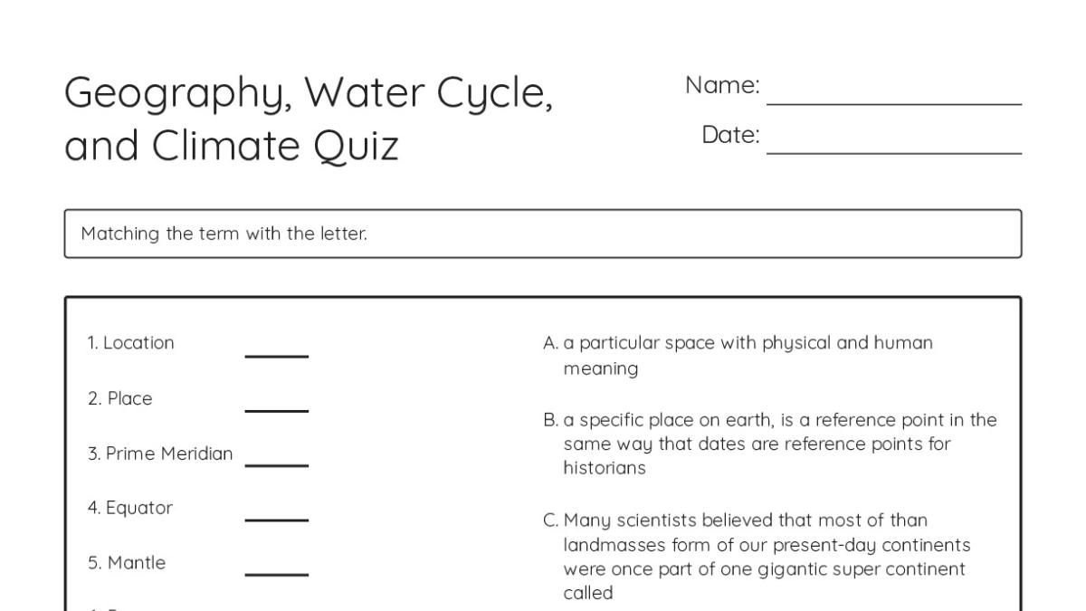 Geography, Water Cycle, and Climate Quiz - My Worksheet Maker: Create ...