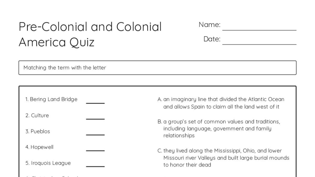 Pre-Colonial and Colonial America Quiz - My Worksheet Maker: Create ...