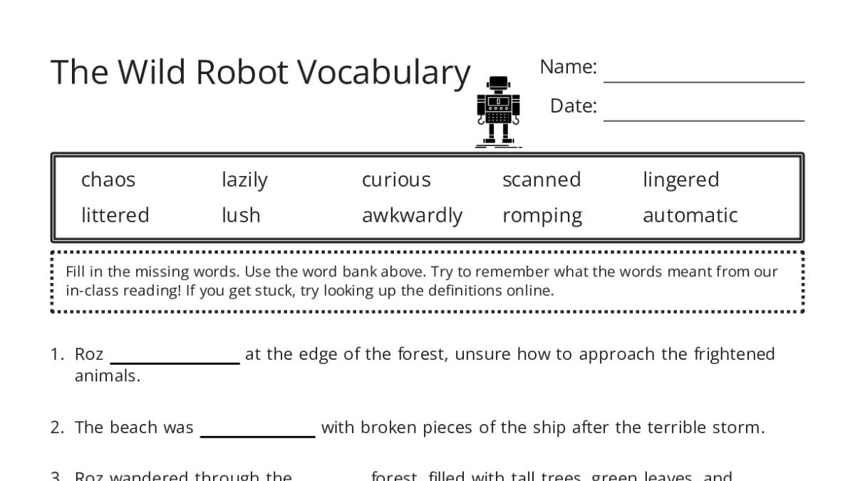 The Wild Robot Vocabulary - My Worksheet Maker: Create Your Own Worksheets