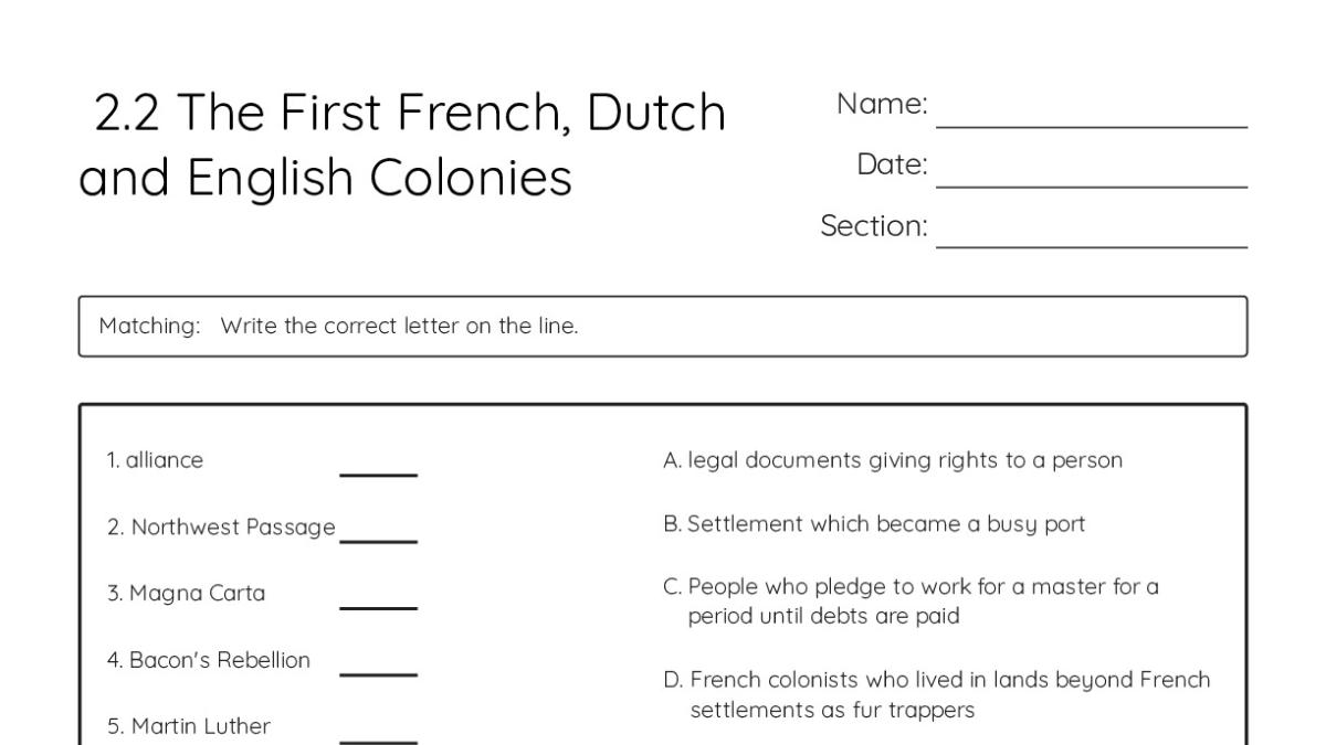 2.2 The First French, Dutch and English Colonies - My Worksheet Maker ...