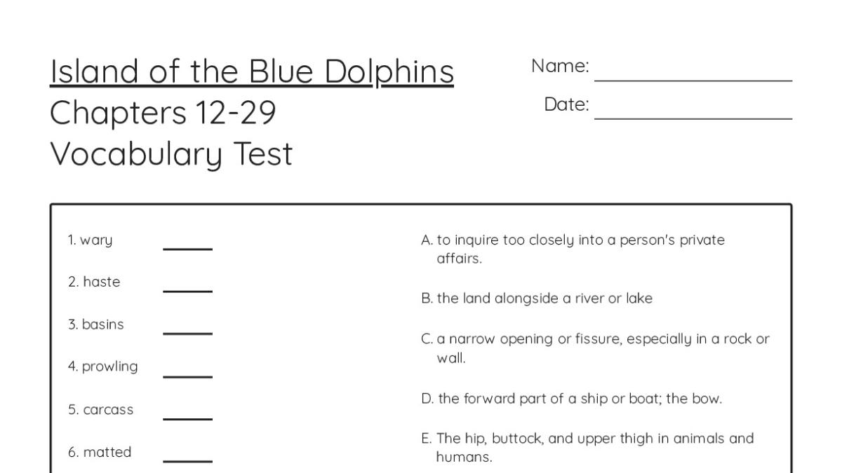 Island of the Blue Dolphins Chapters 12-29 Vocabulary Test - My ...