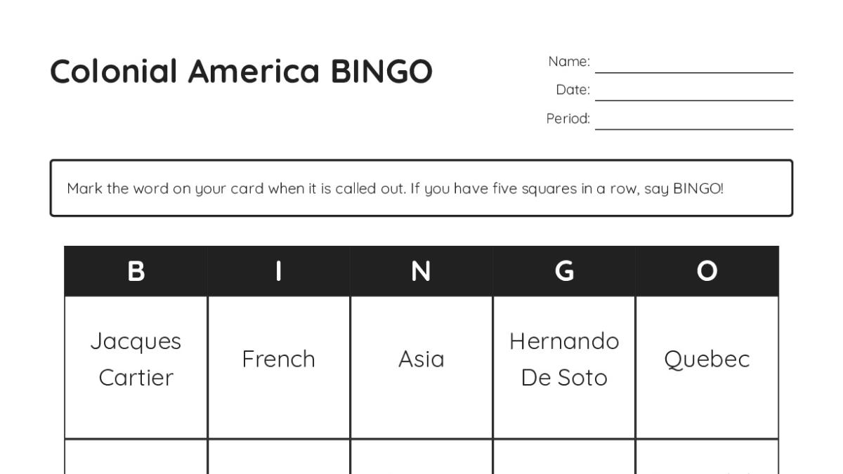 Colonial America BINGO - My Bingo Maker: Create Your Own Bingo Cards