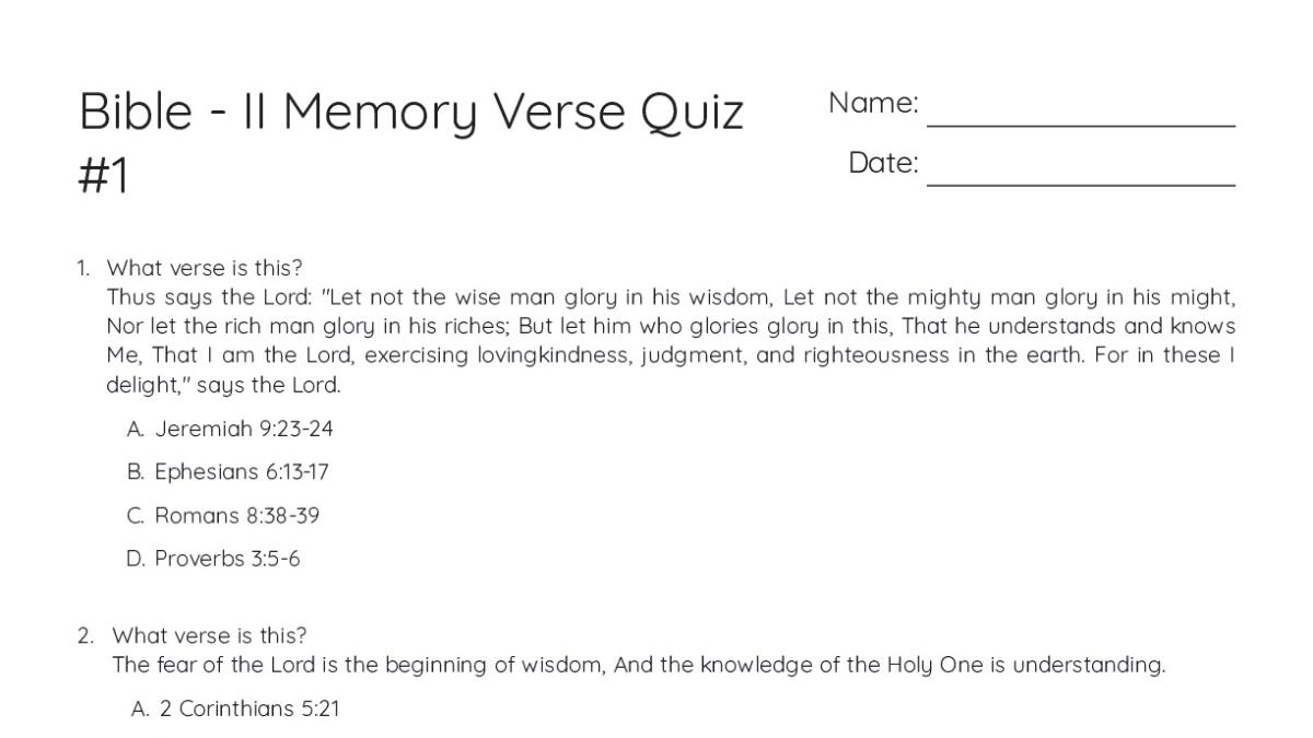 Bible - II Memory Verse Quiz #1 - My Worksheet Maker: Create Your Own ...