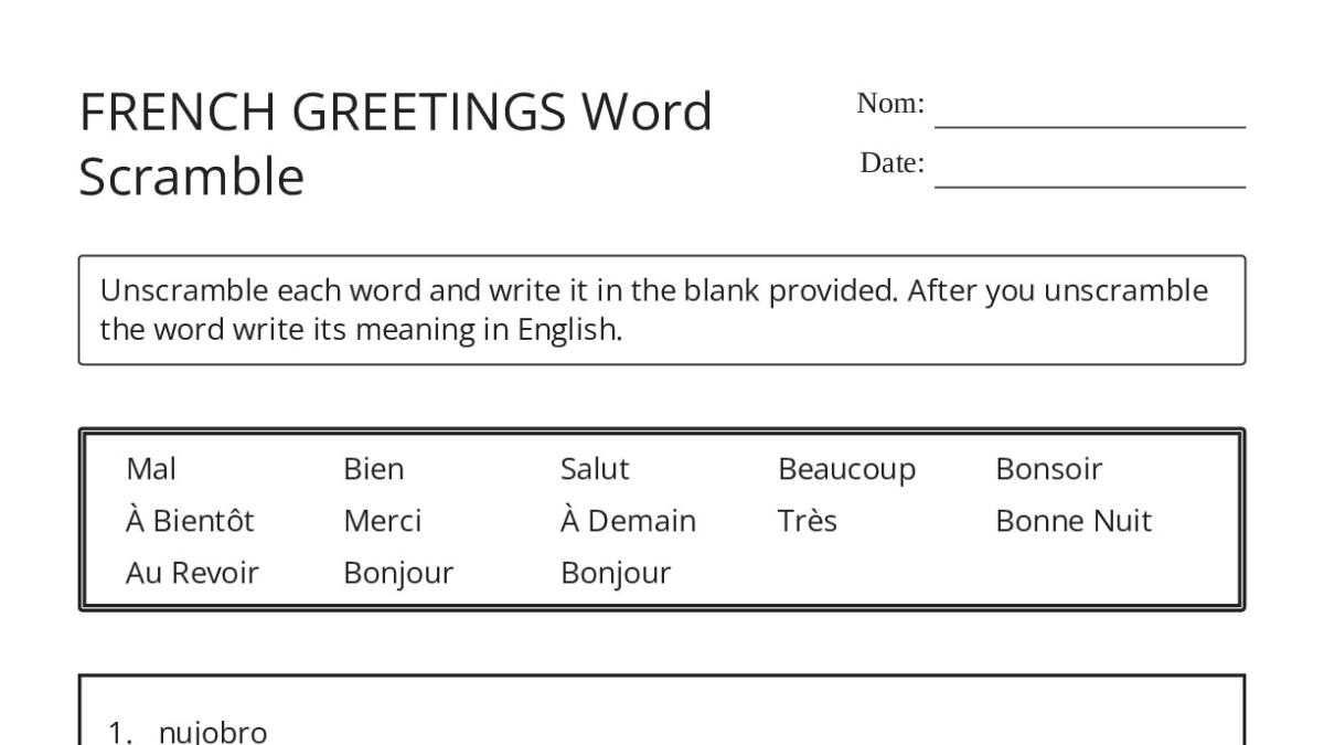 FRENCH GREETINGS Word Scramble - My Worksheet Maker: Create Your Own ...