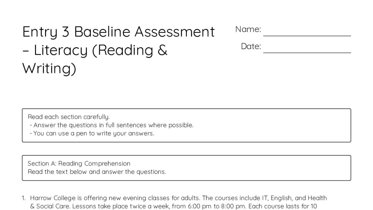 Entry 3 Baseline Assessment – Literacy (Reading & Writing) - My ...