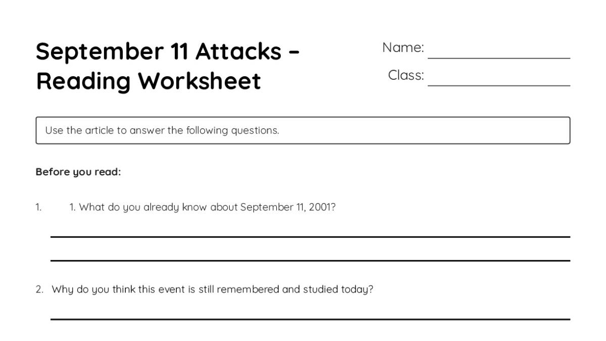 September 11 Attacks – Reading Worksheet - My Worksheet Maker: Create ...