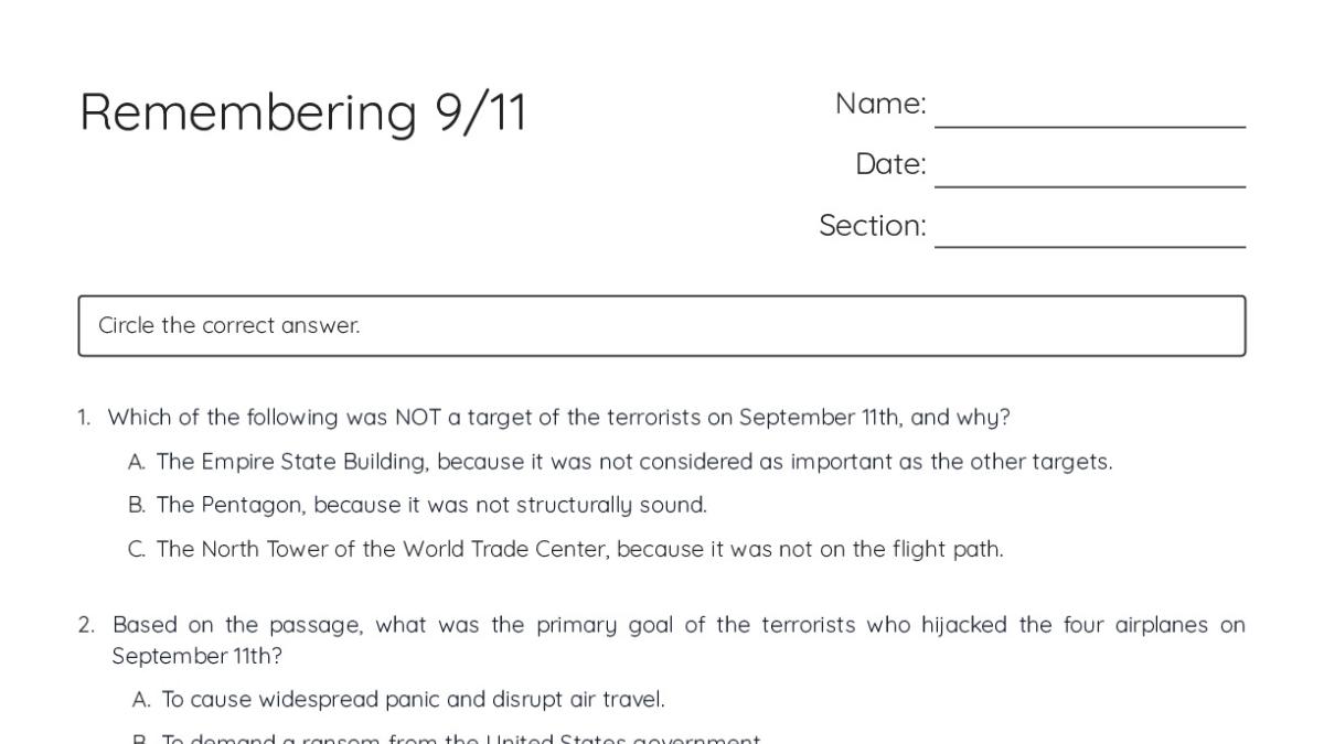 Remembering 9/11 - My Worksheet Maker: Create Your Own Worksheets