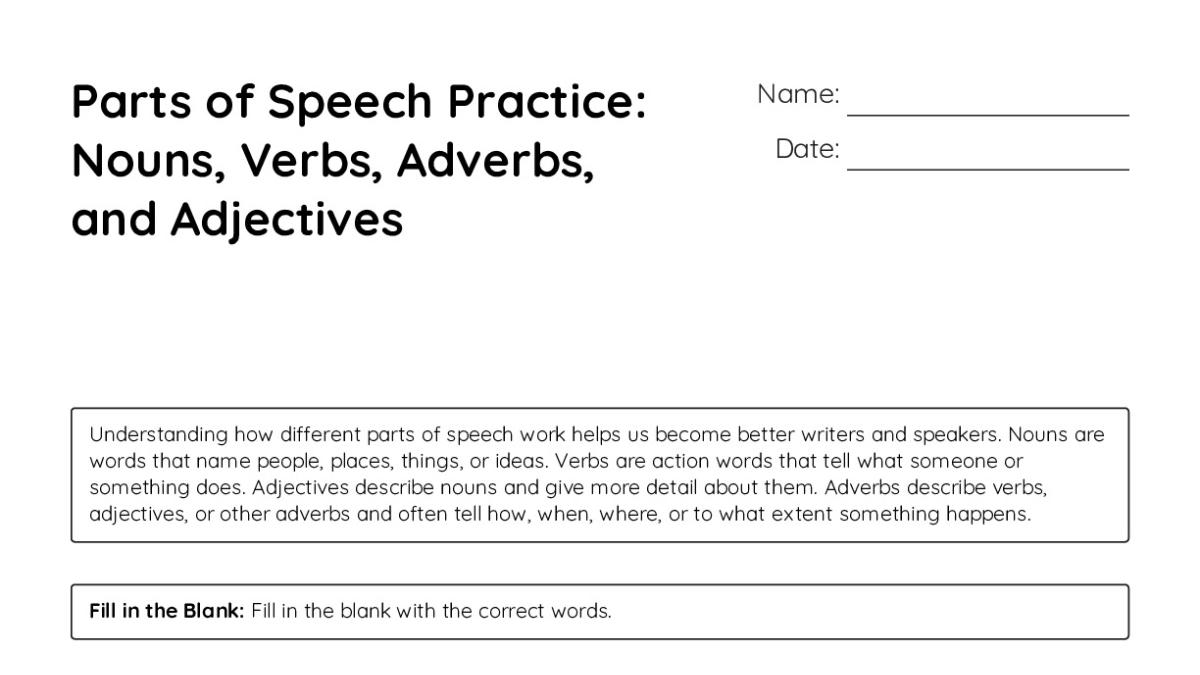 Parts of Speech Practice: Nouns, Verbs, Adverbs, and Adjectives - My ...