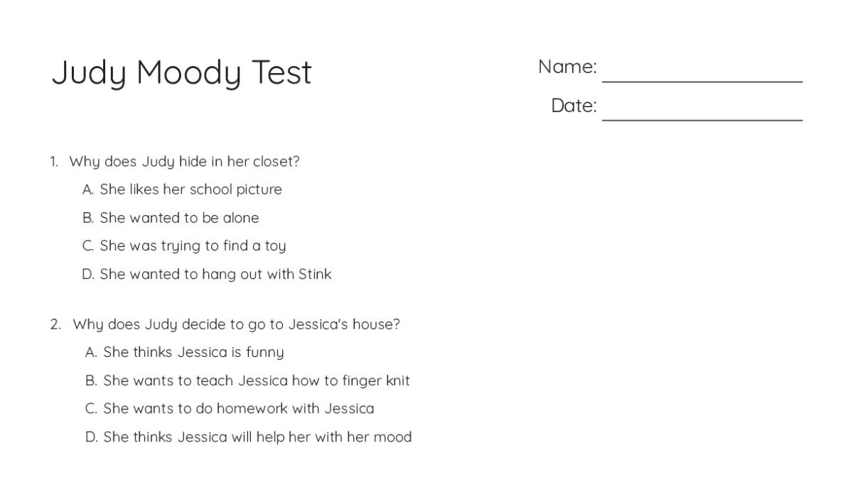 Judy Moody Test - My Worksheet Maker: Create Your Own Worksheets