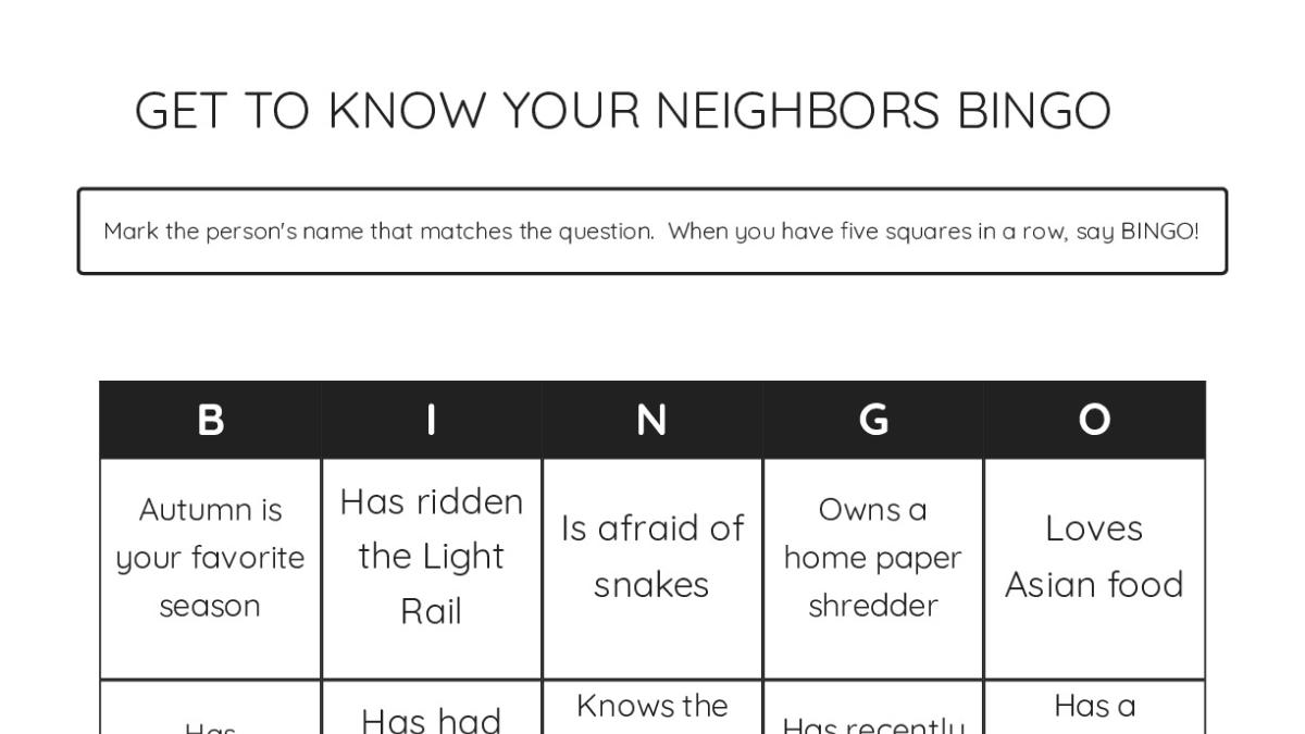 GET TO KNOW YOUR NEIGHBORS BINGO - My Bingo Maker: Create Your Own ...