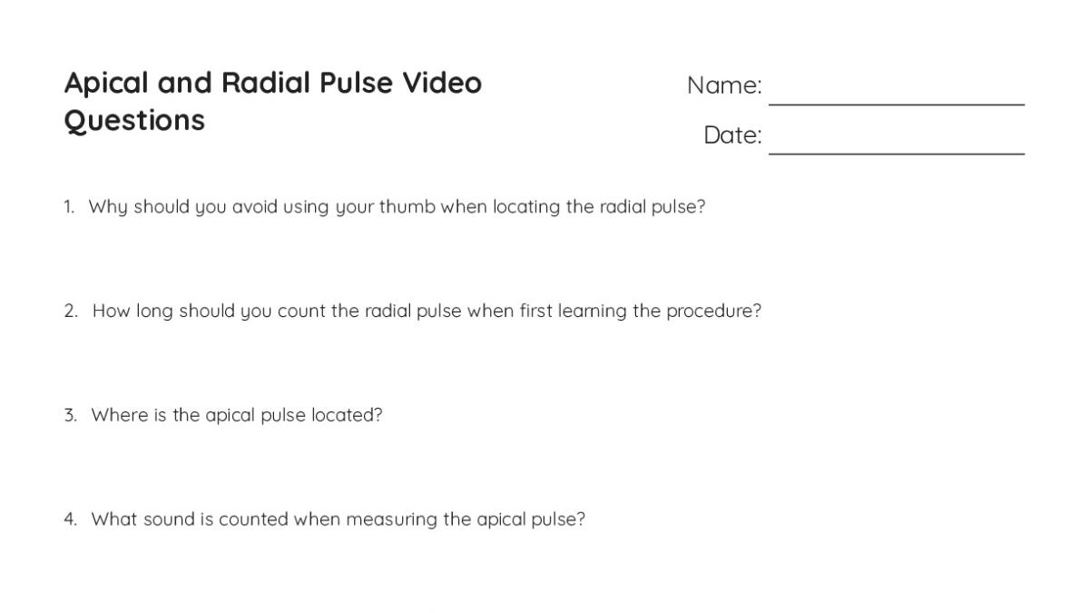 Apical and Radial Pulse Video Questions - My Worksheet Maker: Create ...