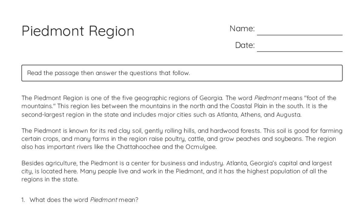 Piedmont Region - My Worksheet Maker: Create Your Own Worksheets