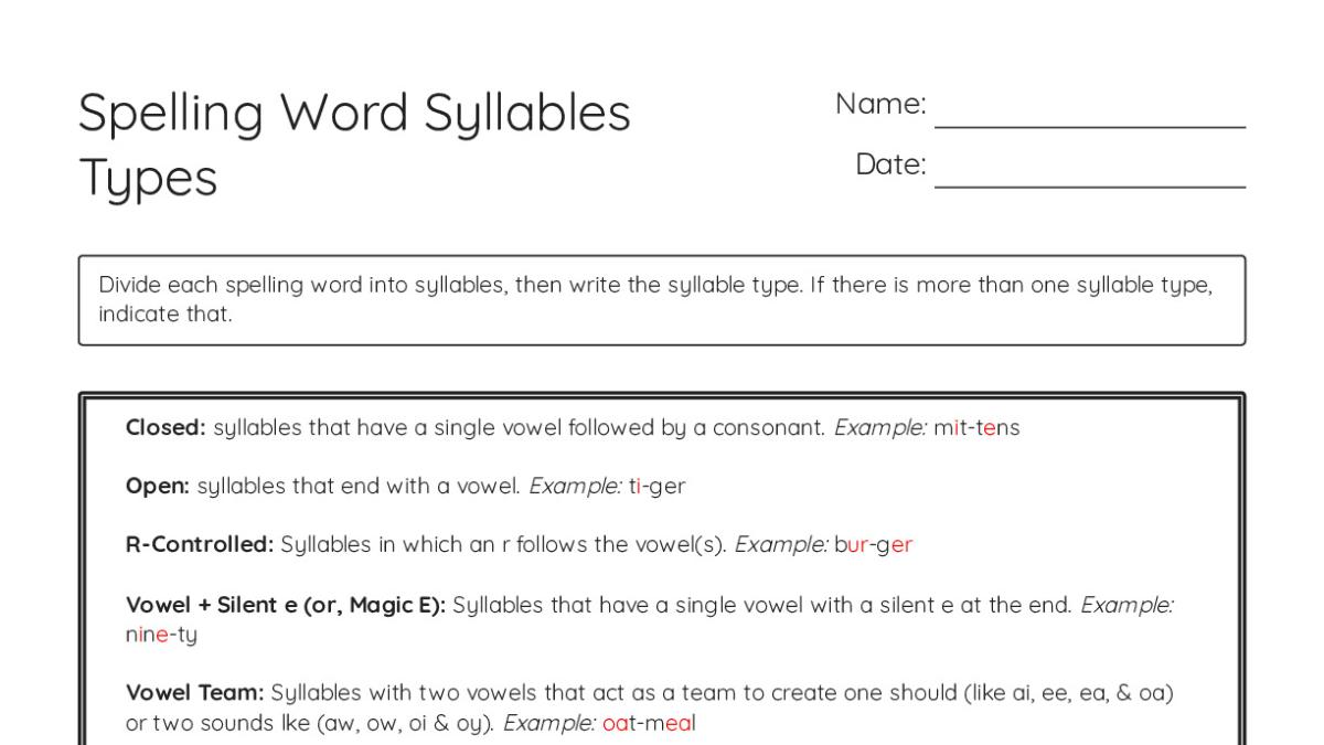 Spelling Word Syllables Types - My Worksheet Maker: Create Your Own ...