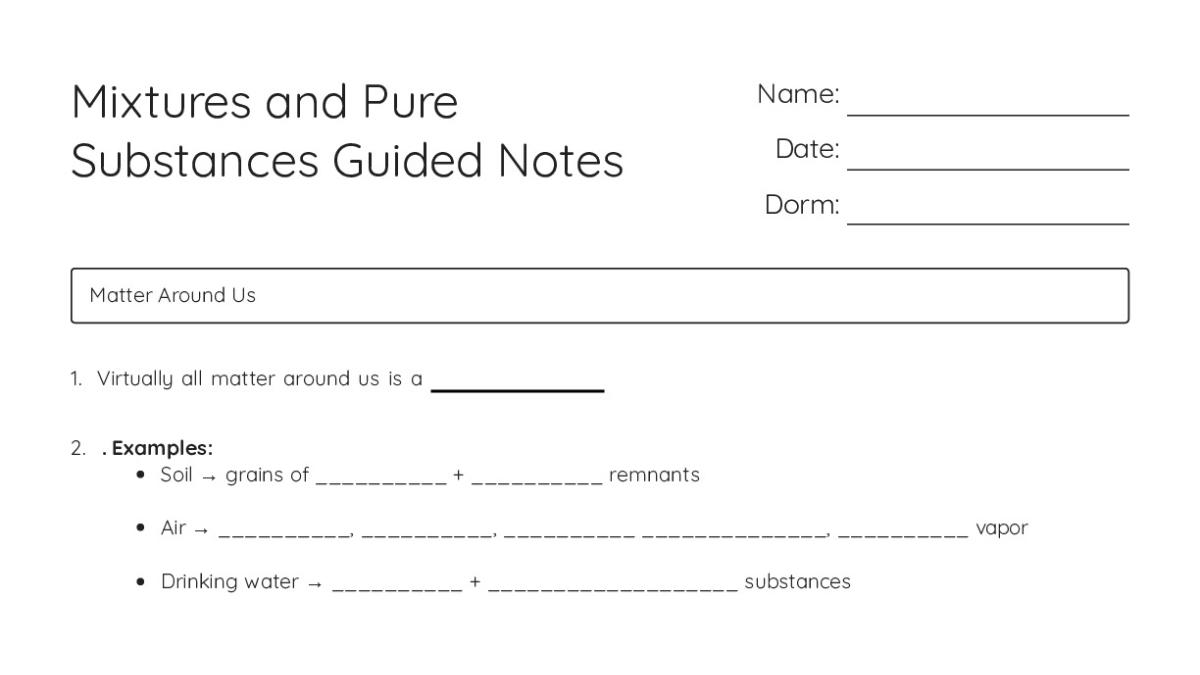 Mixtures and Pure Substances Guided Notes - My Worksheet Maker: Create ...