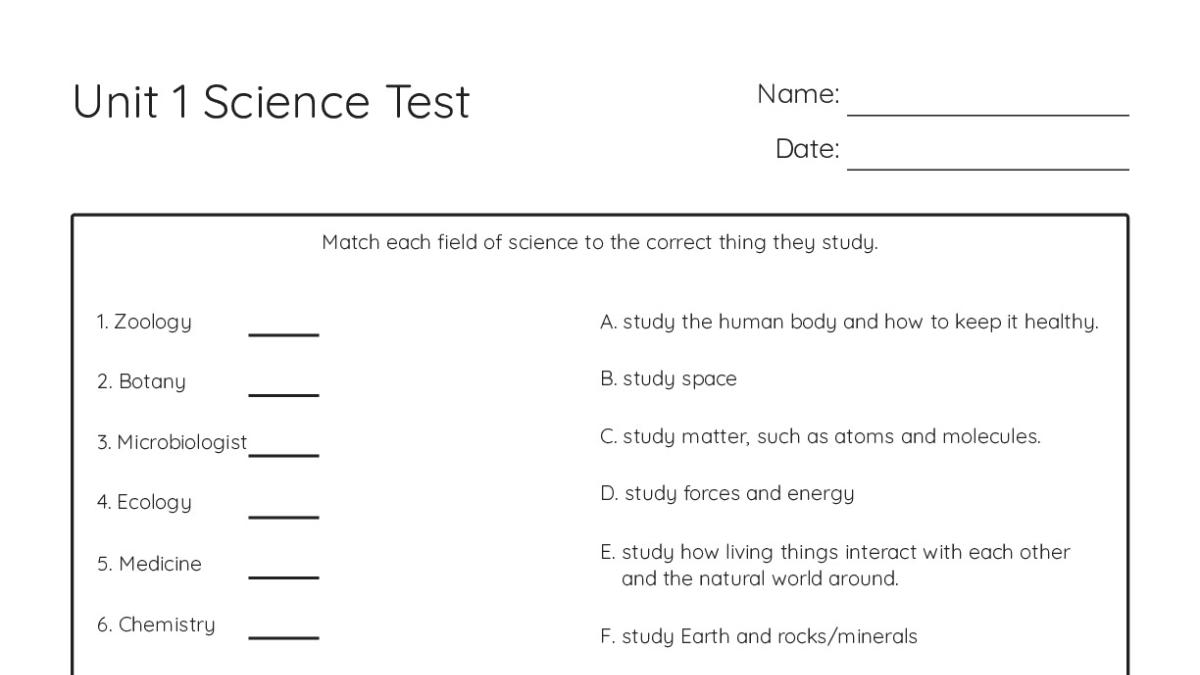 Unit 1 Science Test - My Worksheet Maker: Create Your Own Worksheets