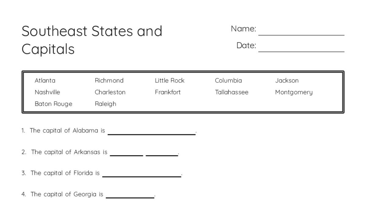 Southeast States and Capitals - My Worksheet Maker: Create Your Own ...