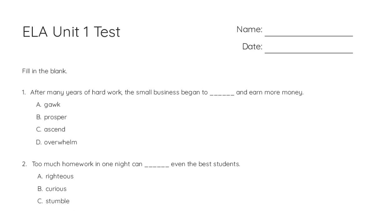ELA Unit 1 Test - My Worksheet Maker: Create Your Own Worksheets