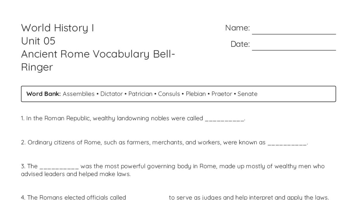 World History I Unit 05 Ancient Rome Vocabulary Bell-Ringer - My ...