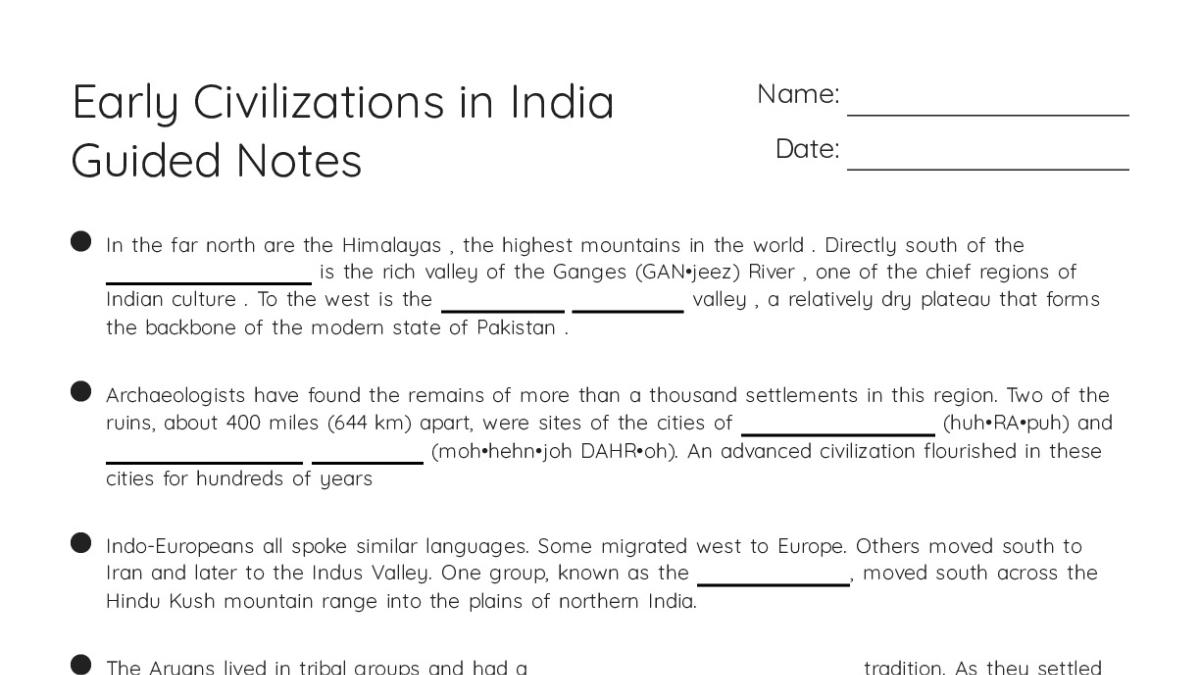 Early Civilizations in India Guided Notes - My Worksheet Maker: Create ...