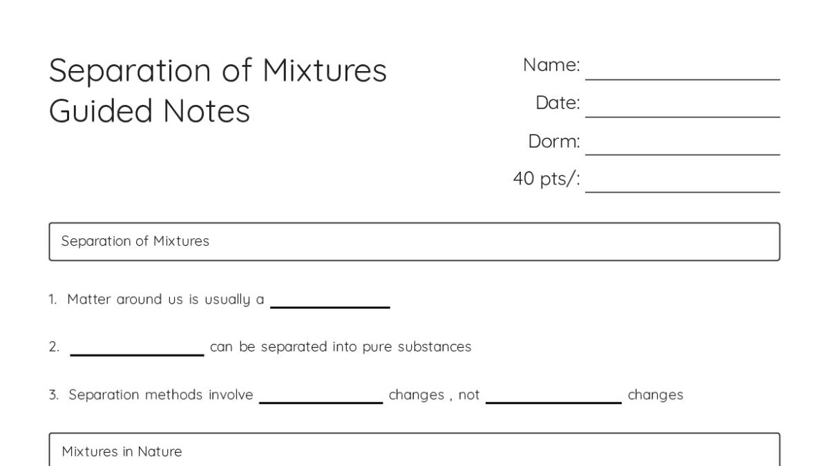 Separation of Mixtures Guided Notes - My Worksheet Maker: Create Your ...