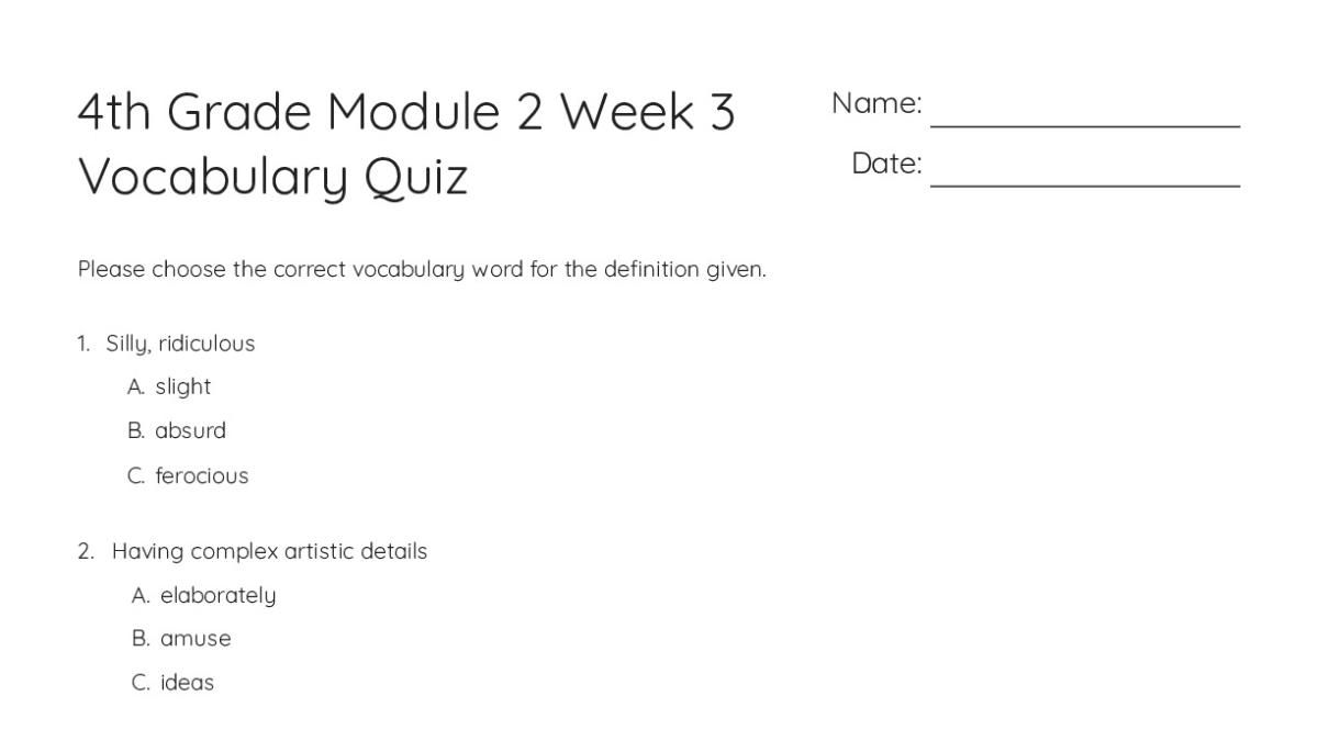 4th Grade Module 2 Week 3 Vocabulary Quiz - My Worksheet Maker: Create ...