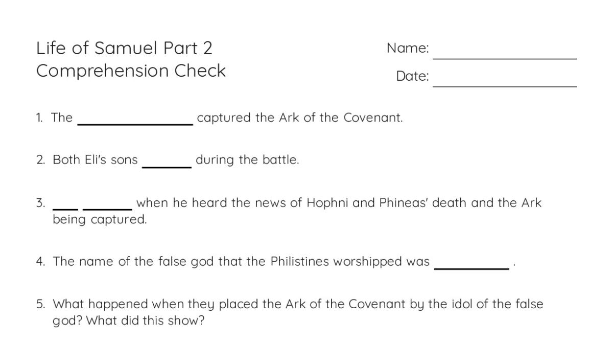 Life of Samuel Part 2 Comprehension Check - My Worksheet Maker: Create ...