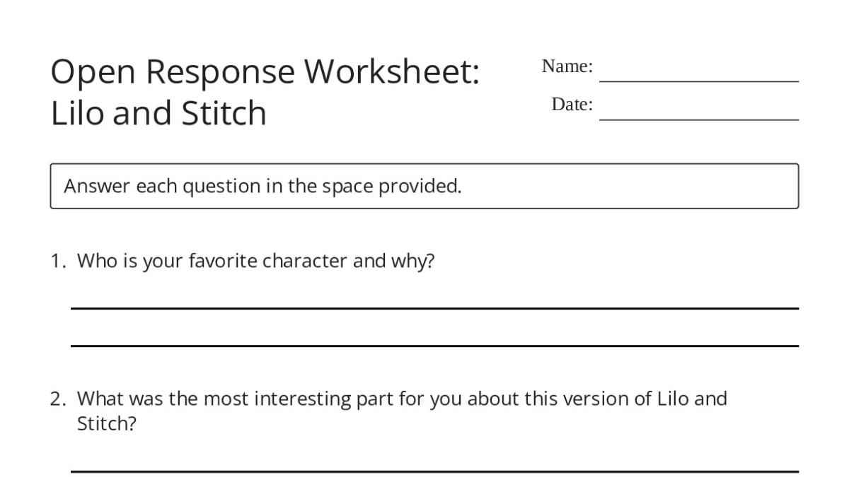 Open Response Worksheet: Lilo and Stitch - My Worksheet Maker: Create ...