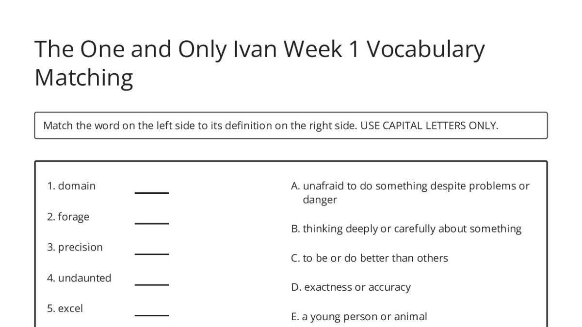 The One and Only Ivan Week 1 Vocabulary Matching - My Worksheet Maker ...
