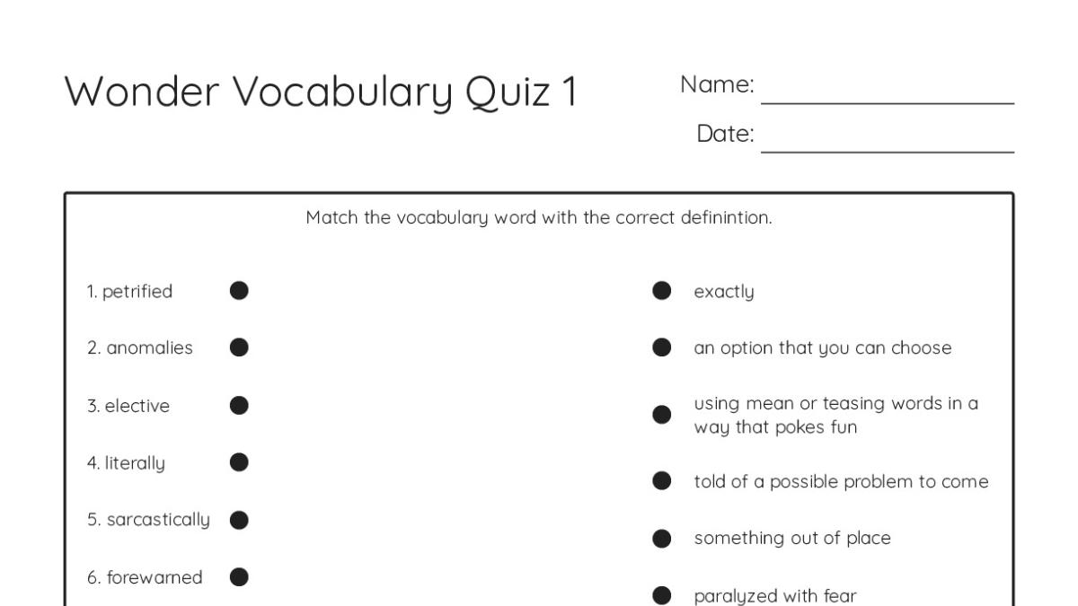 Wonder Vocabulary Quiz 1 - My Worksheet Maker: Create Your Own Worksheets