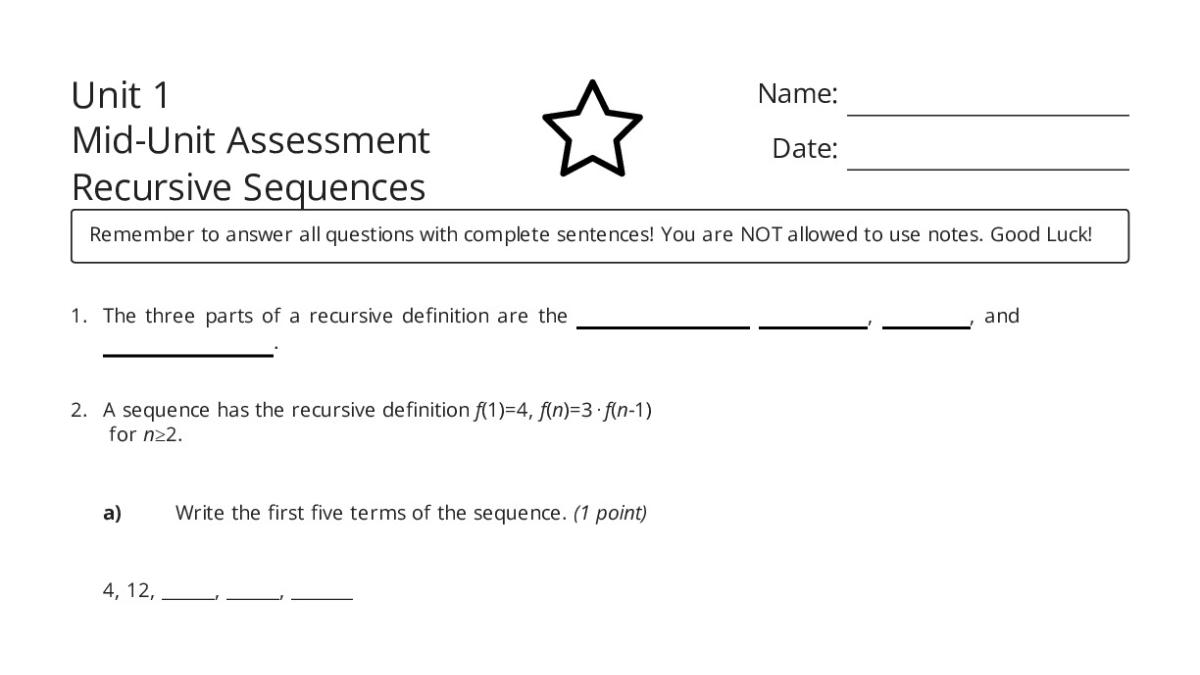 Unit 1 Mid-Unit Assessment Recursive Sequences - My Worksheet Maker ...