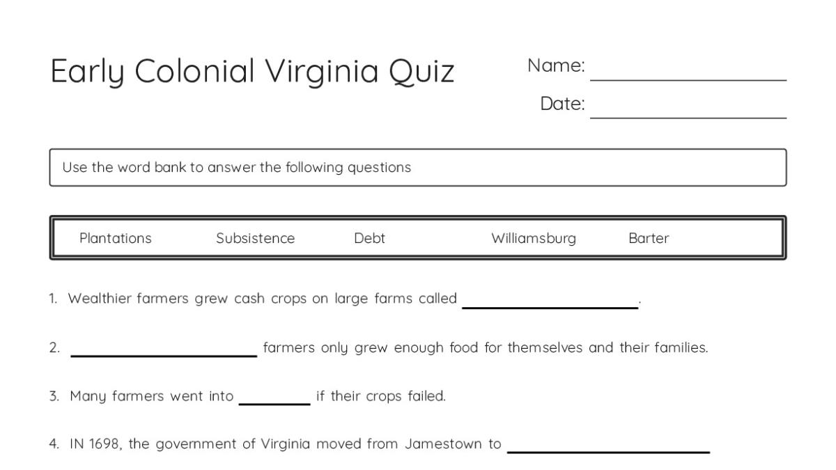Early Colonial Virginia Quiz - My Worksheet Maker: Create Your Own ...