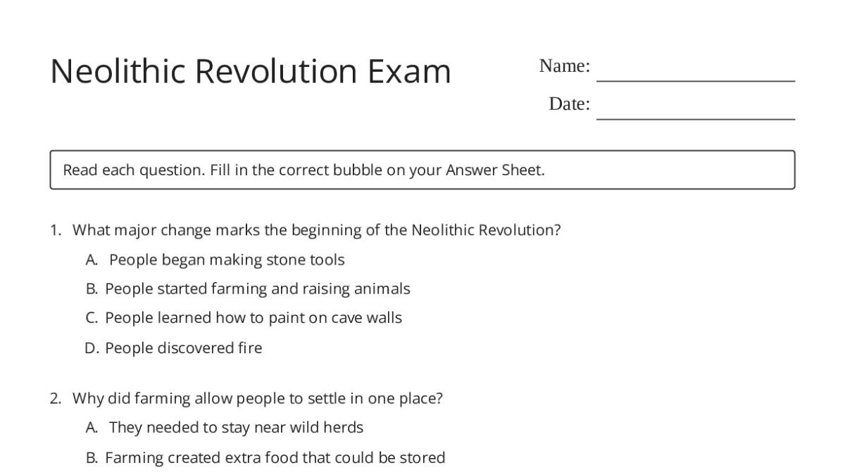 Neolithic Revolution Exam - My Worksheet Maker: Create Your Own Worksheets