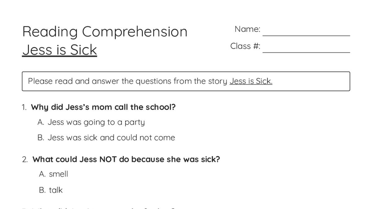 Reading Comprehension Jess is Sick - My Worksheet Maker: Create Your ...