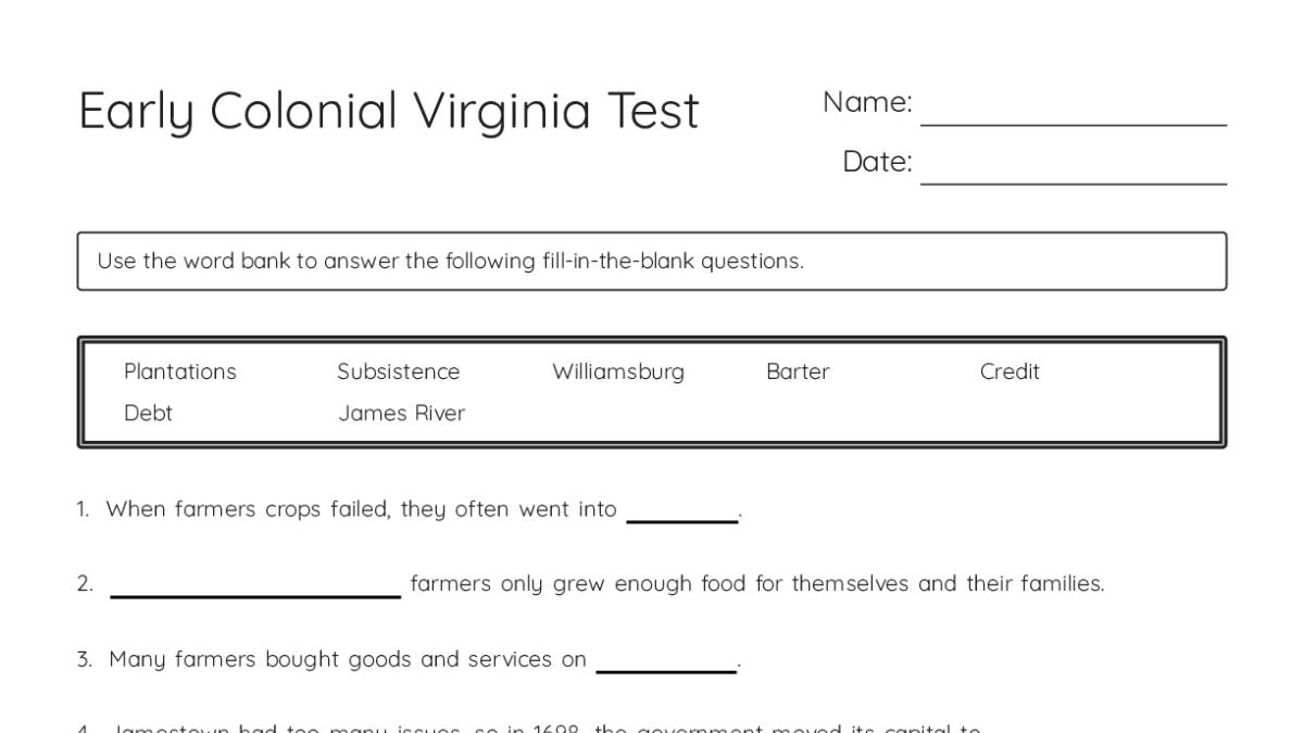 Early Colonial Virginia Test - My Worksheet Maker: Create Your Own ...